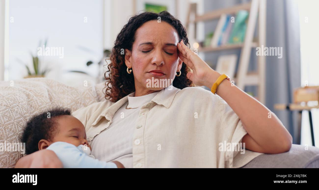Woman, baby and stress headache on sofa for child development care with ...