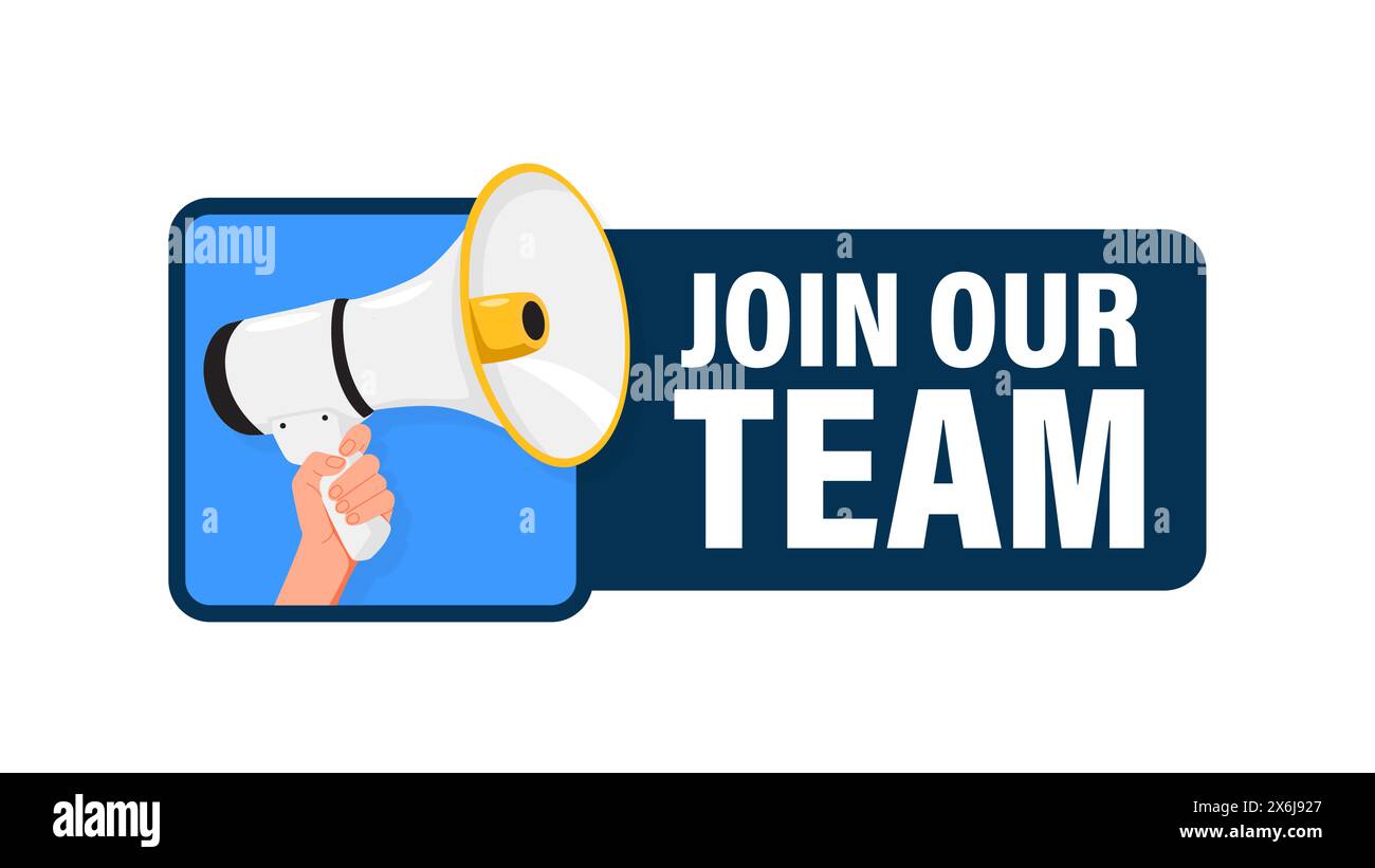 Join our team. Hand hold megaphone speaker for announce. Attention ...