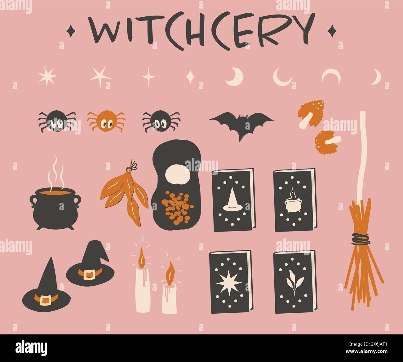 Vector clip art set with witch items hat, candles, herbs, mushrooms ...