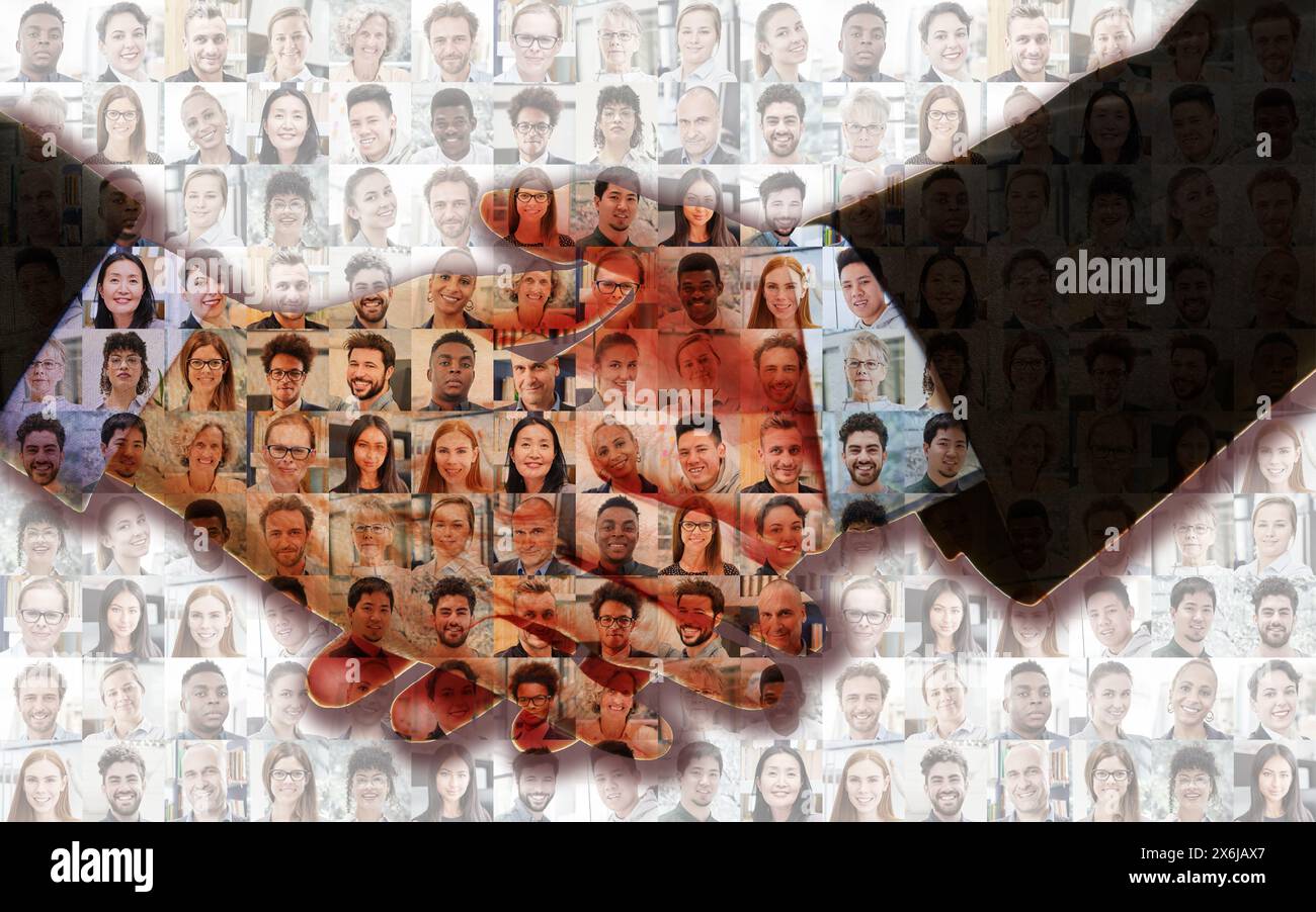 Two business people shake hands over collage of employee portraits as ...