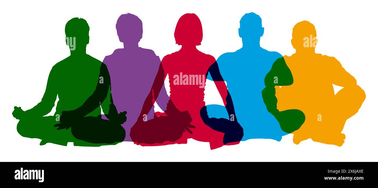 Colorful silhouettes of different people sitting cross-legged during ...