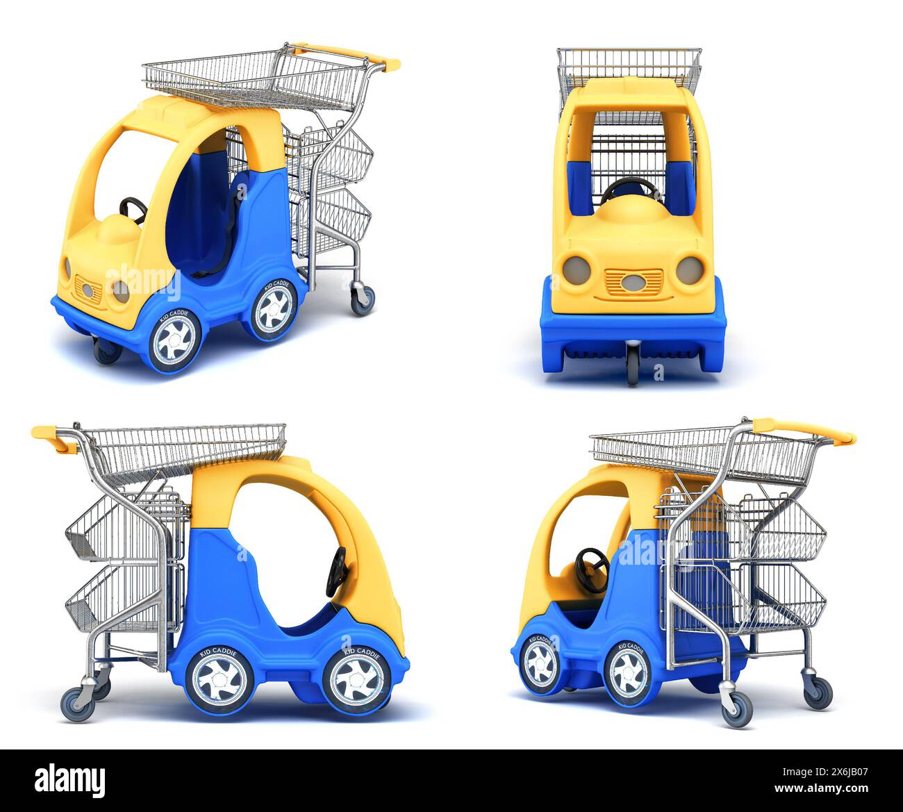 Baby blue car with a shopping basket set 3d render on white Stock Photo ...