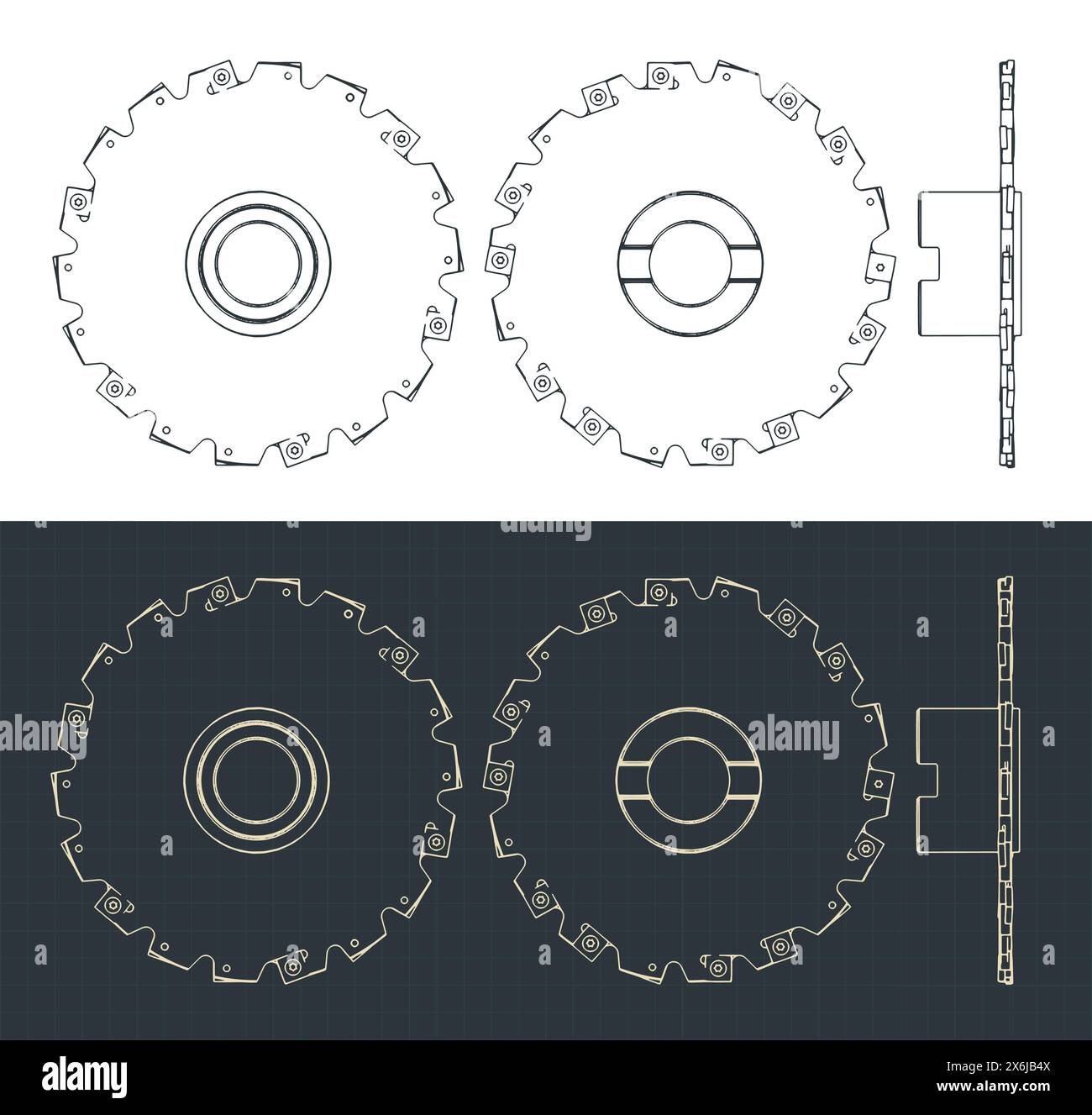 Stylized vector illustrations of blueprints of disc mill cutter Stock ...