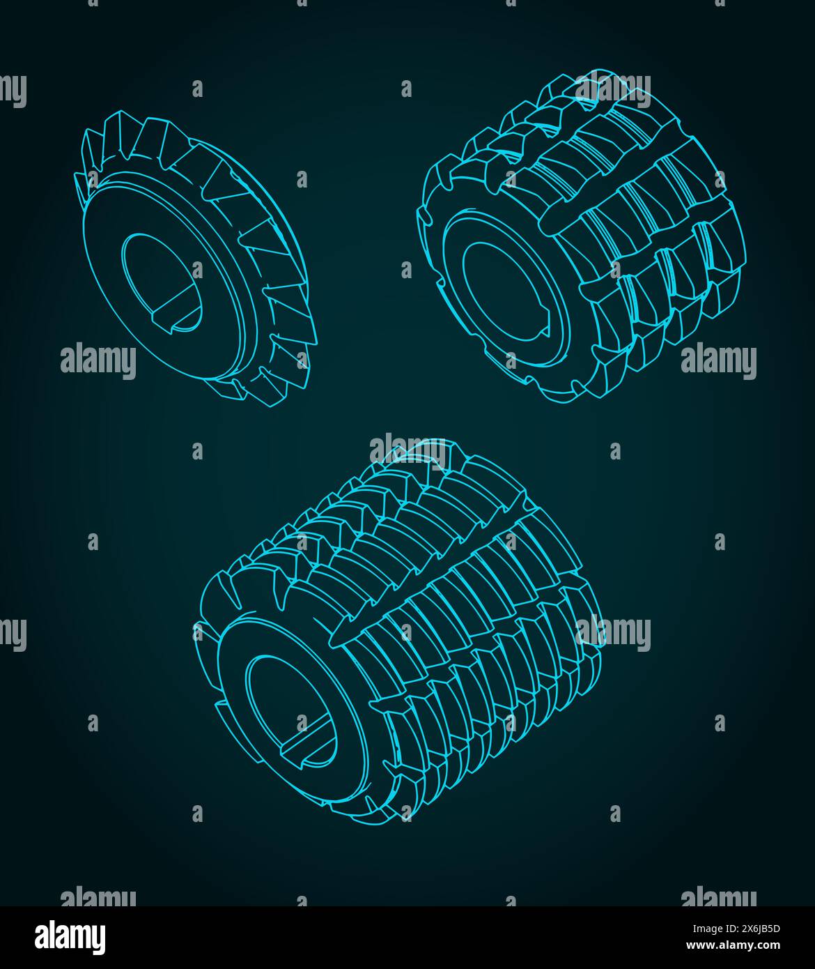 Stylized vector illustration of isometric blueprints of milling cutters ...