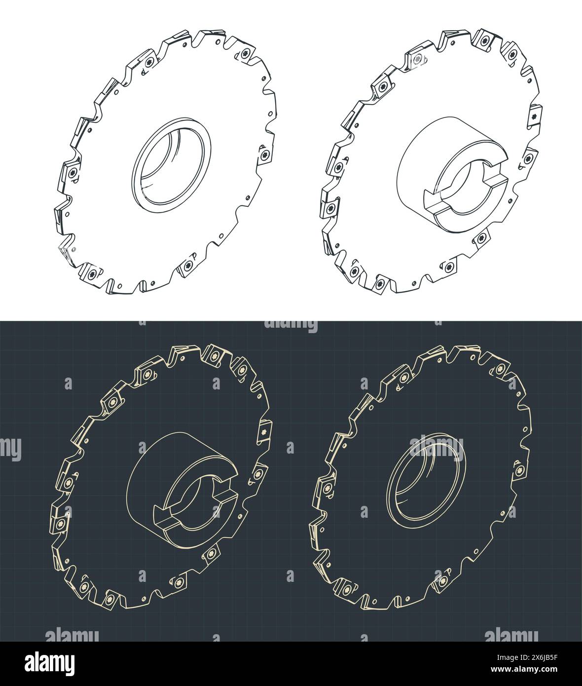 Stylized vector illustrations of isometric blueprints of disc mill ...