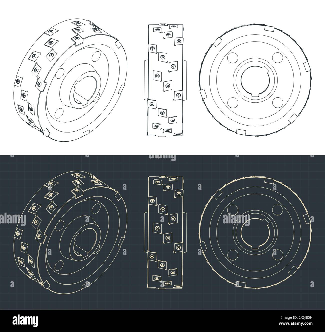 Stylized vector illustrations of blueprints of disc mill cutter Stock ...