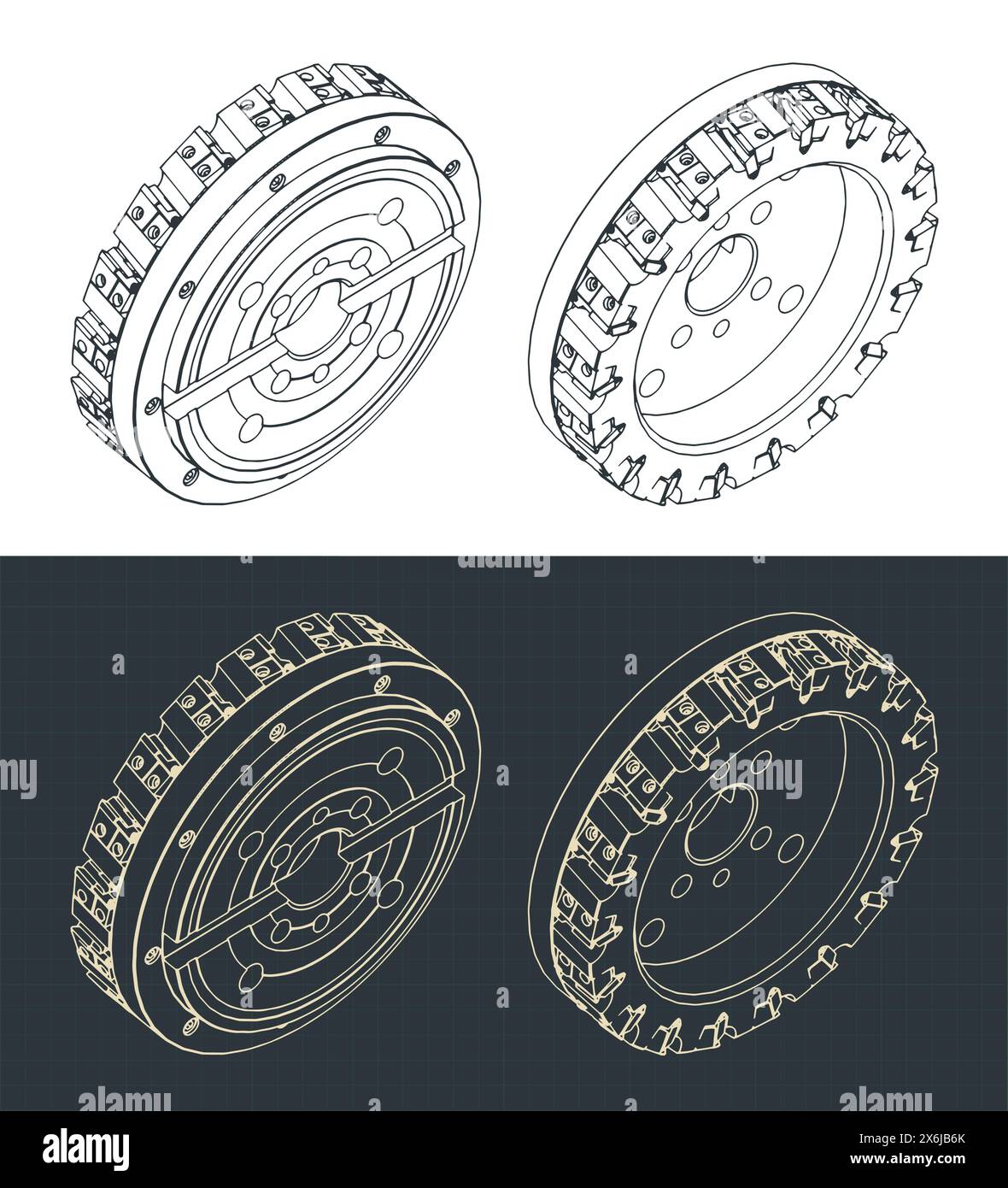 Stylized vector illustrations of isometric blueprints of disc mill ...