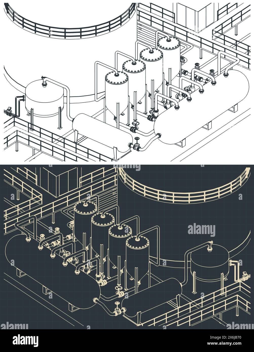 Stylized vector illustrations of isometric blueprints of refinery Stock ...