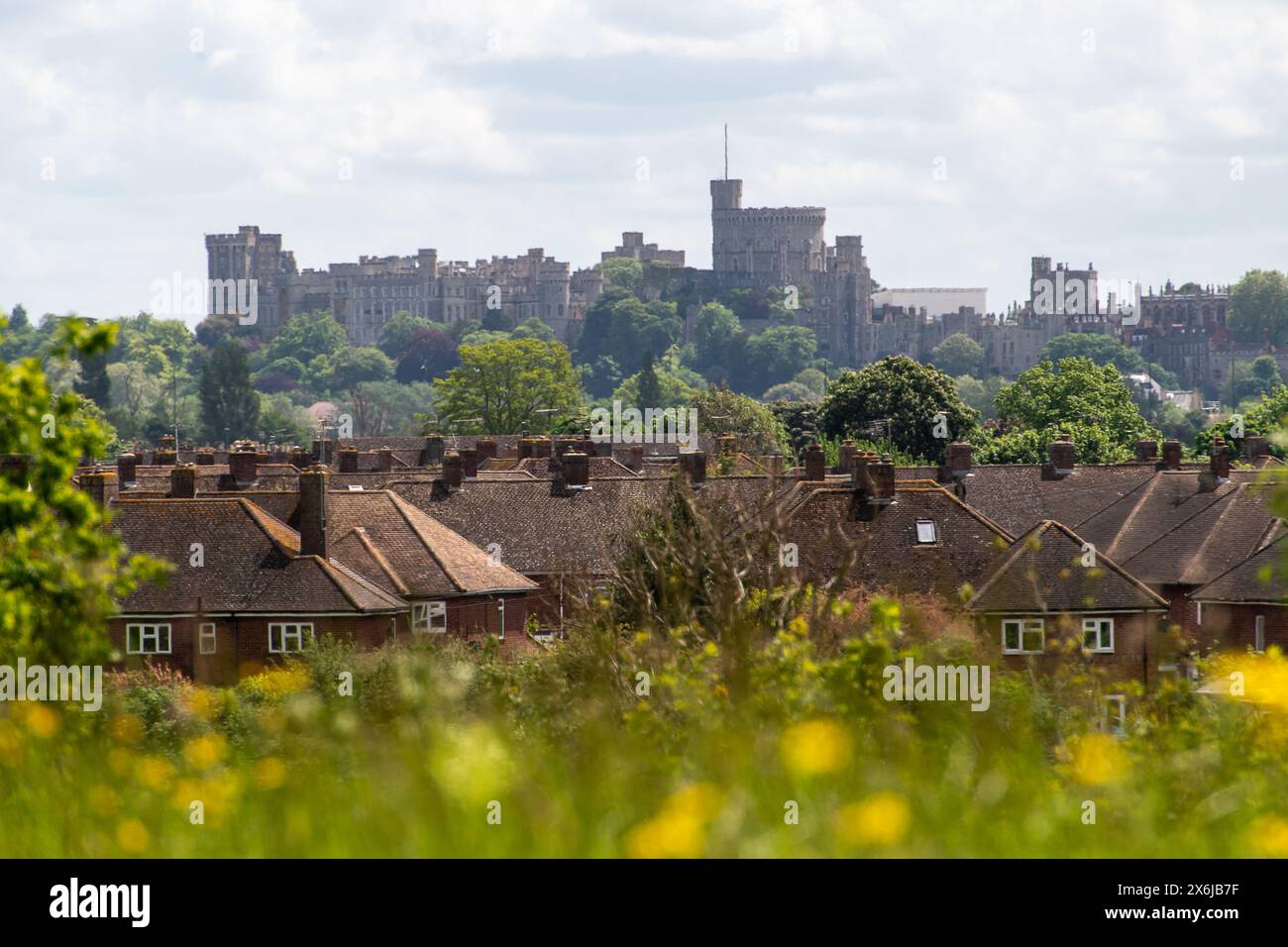 Dorney, UK. 15th May, 2024. A hazy view of Windsor Castle in Windsor ...