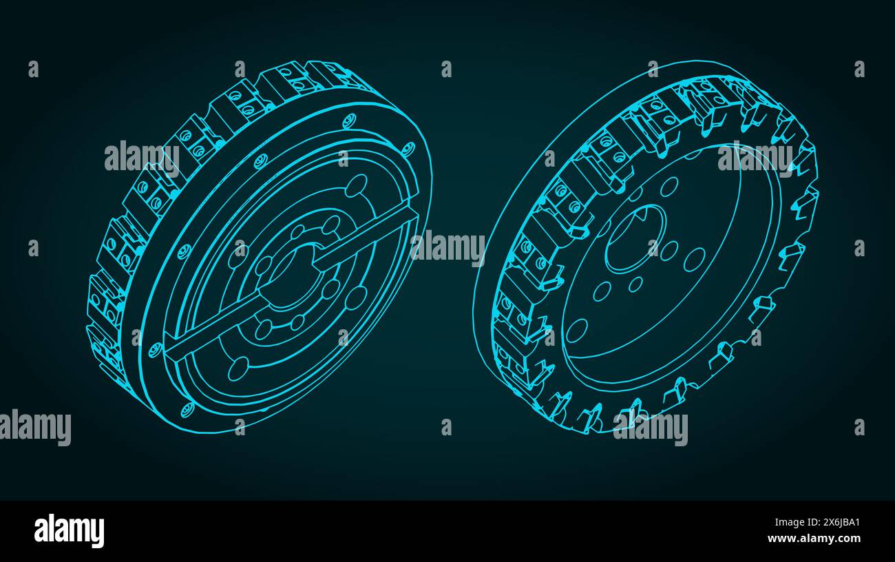 Stylized vector illustrations of isometric blueprints of disc mill ...
