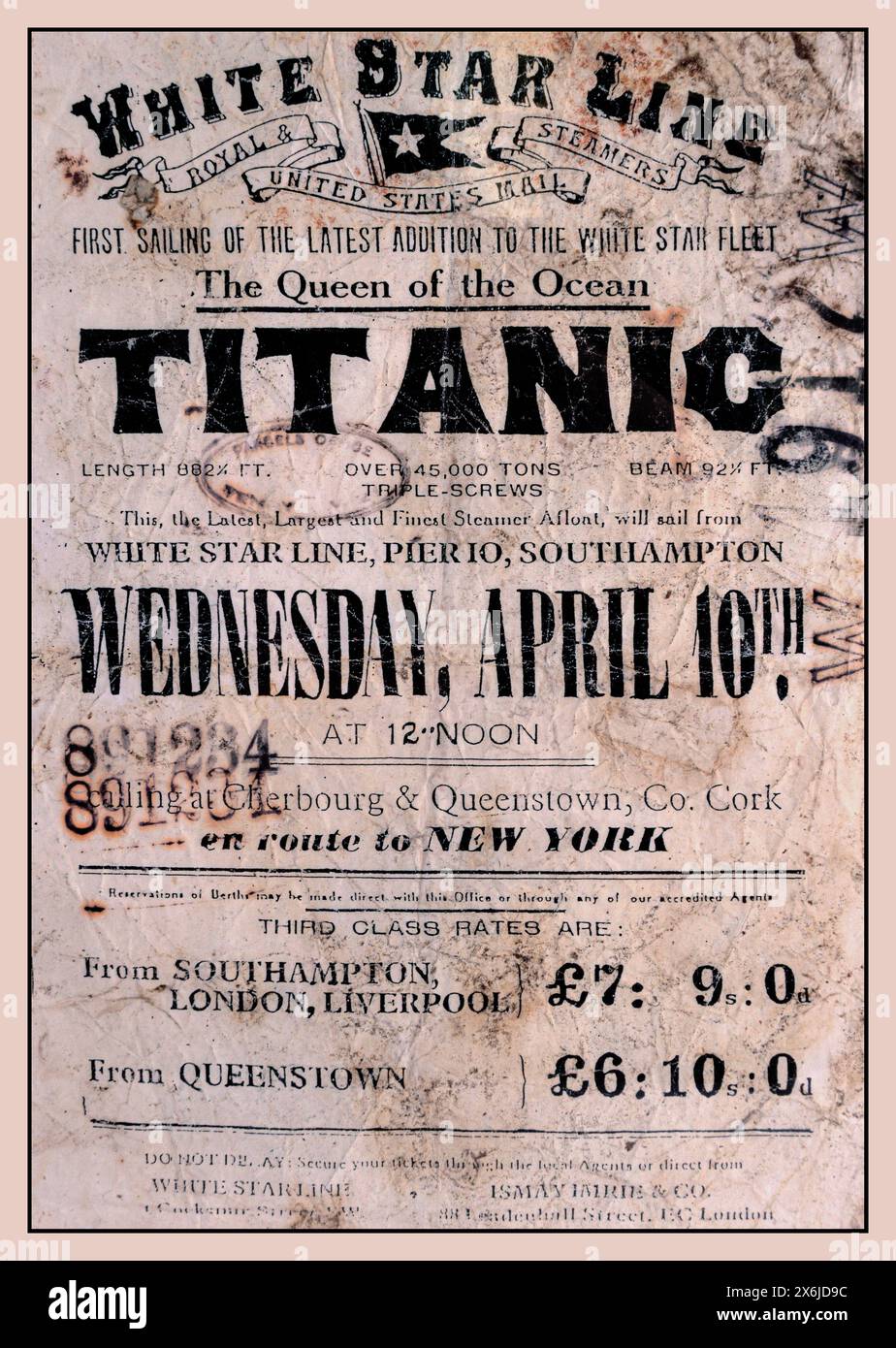RMS TITANIC First sailing poster Wednesday April 10th 1912 at 12 noon ...