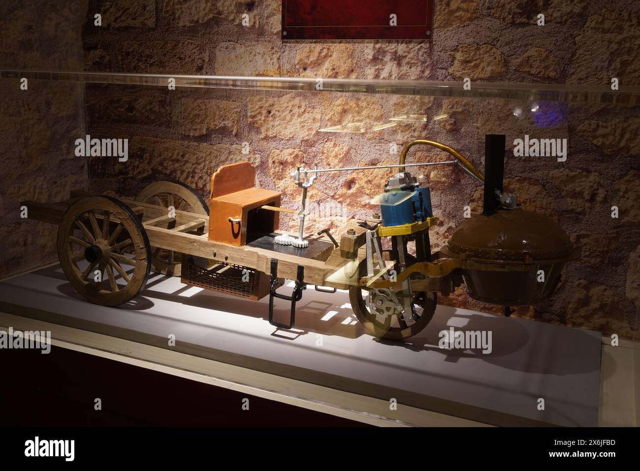 Scale-down model of 1769 Cugnot Steam Vehicle. Transport Gallery, Birla ...