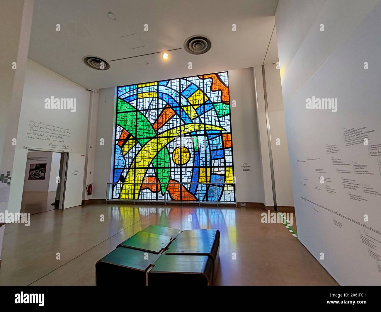 Biot, France - December 4, 2023: Big stained glass window inside the ...