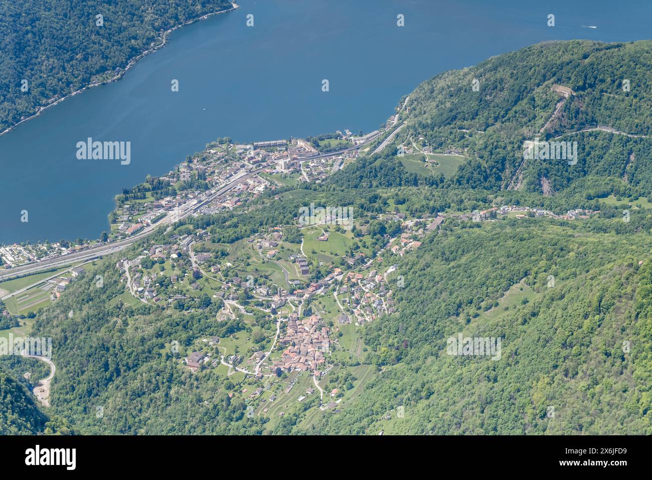aerial landscape, from a glider plane, of Maroggia village on Lugano ...