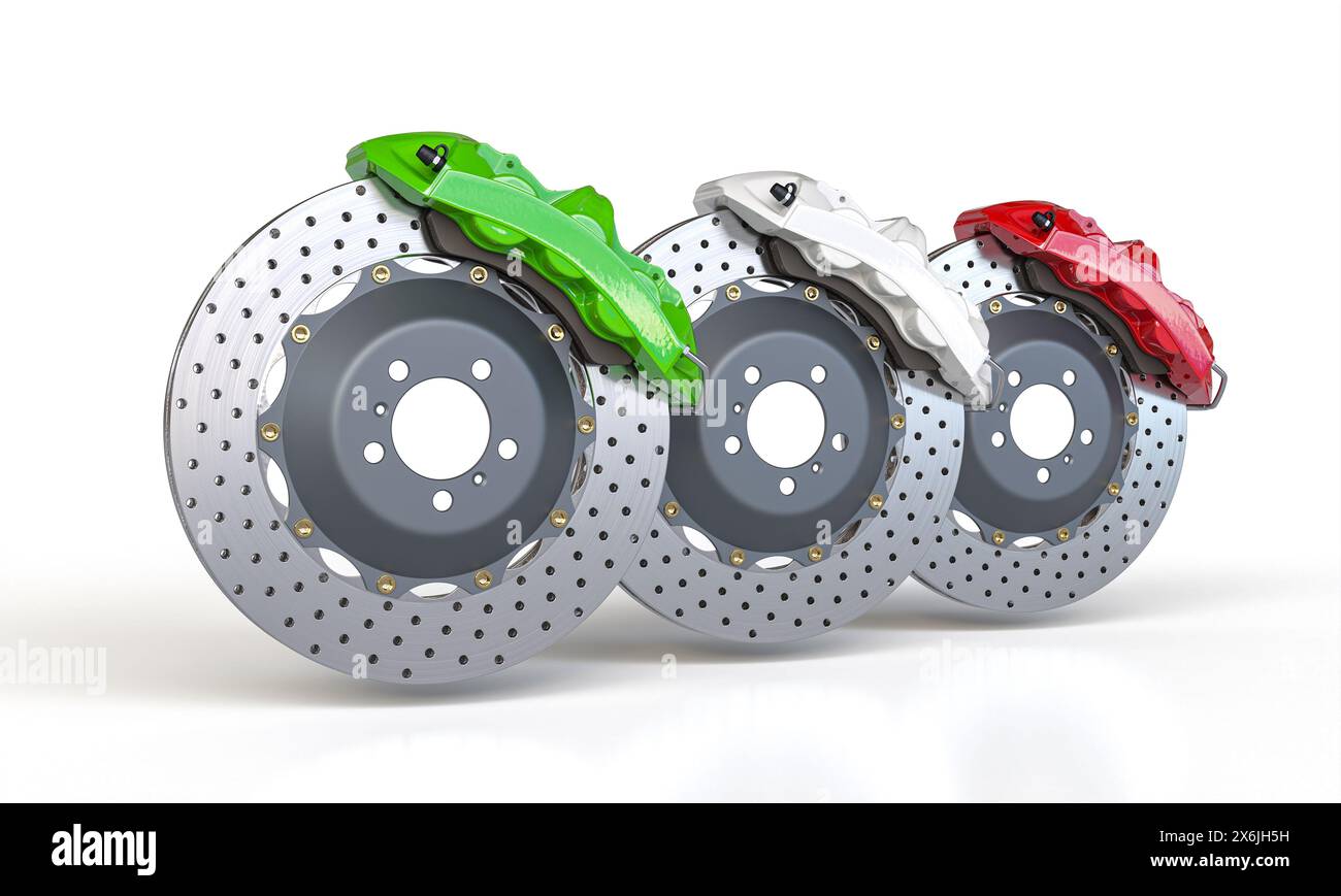 Set vehicle brake discs with green, white, and red calipers isolated on ...