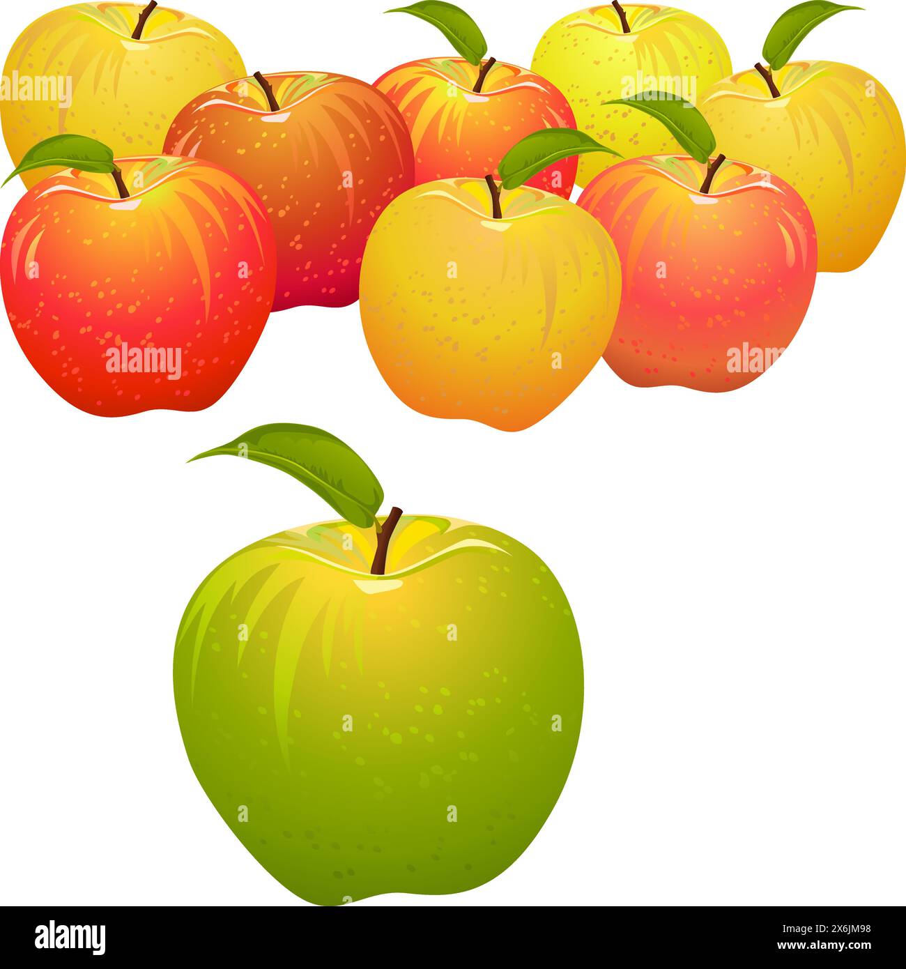 green apple against a group of ripe red and yellow apples isolated on a ...
