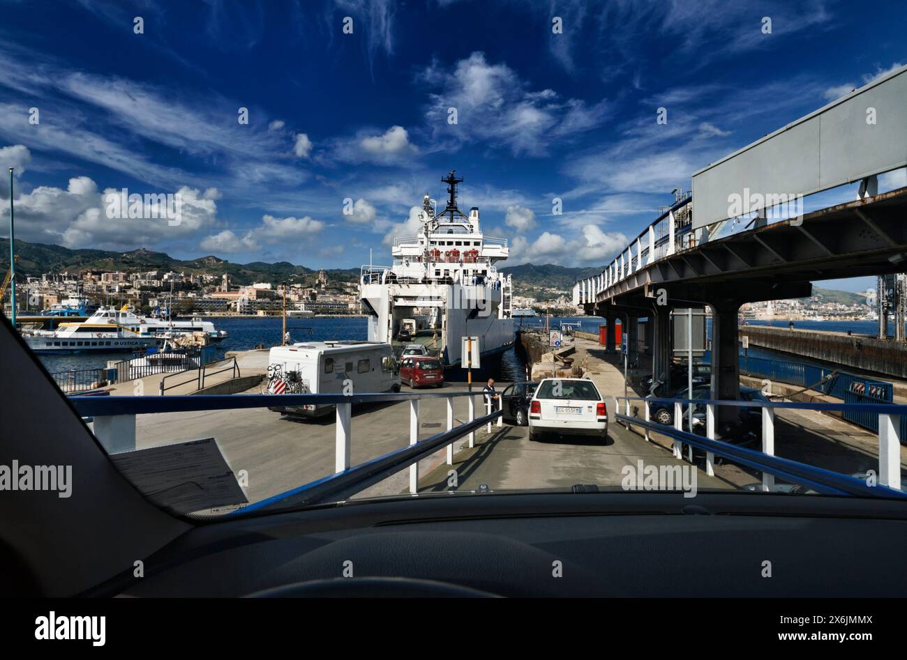 Italy, Sicily, Messina, view of the port and the cars boarding the ...