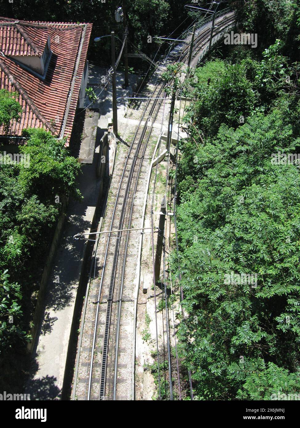 Birds eye view of traintracks and station of Corcovado Railway leading ...