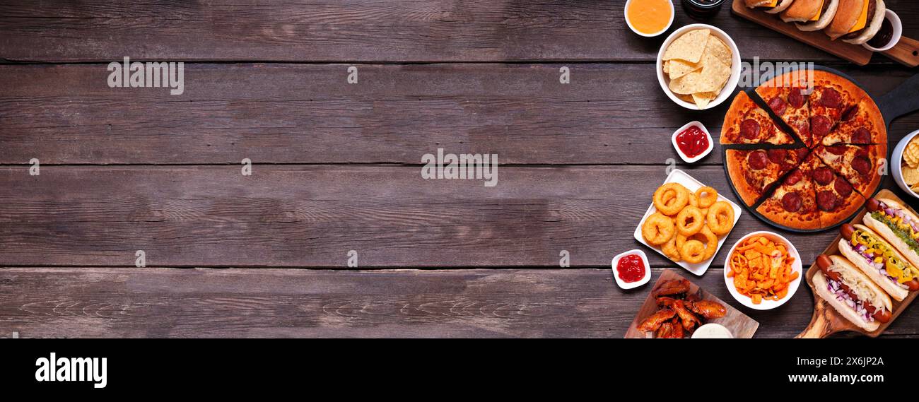 Junk food side border. Pizza, hamburgers, chicken wings, hot dogs and ...