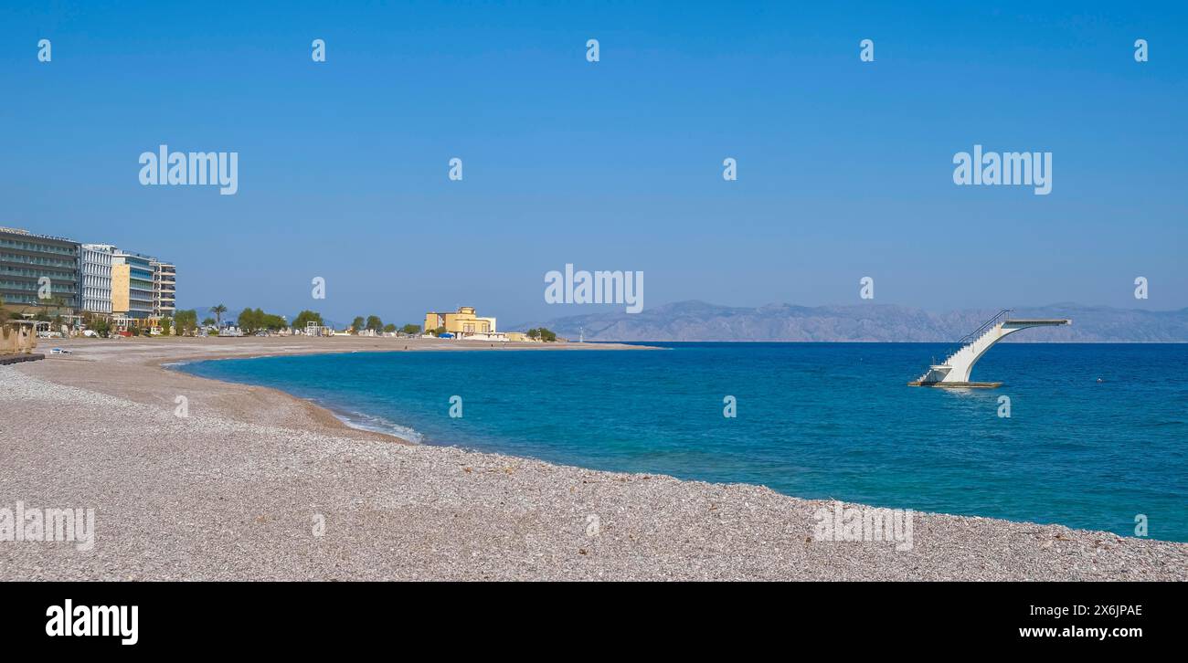 Elli Beach, city beach, free-standing diving tower in the sea, Rhodes ...
