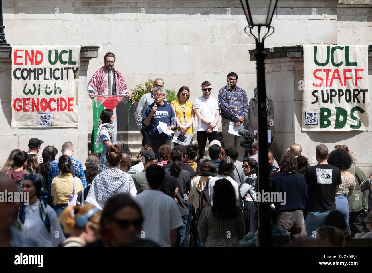 London, UK. 15 May, 2024. College staff address student Palestine ...