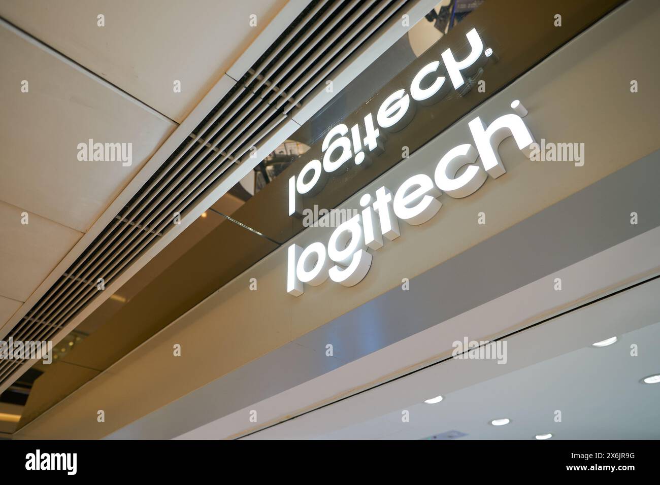 HONG KONG, CHINA - DECEMBER 04, 2023: Logitech sign as seen in New Town Plaza shopping mall ...