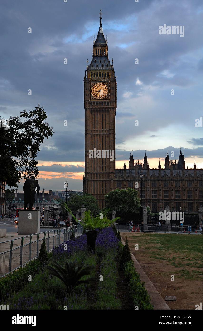 Big Ben at dusk, Bridge Street, SW1, on the left the statue of Winston ...