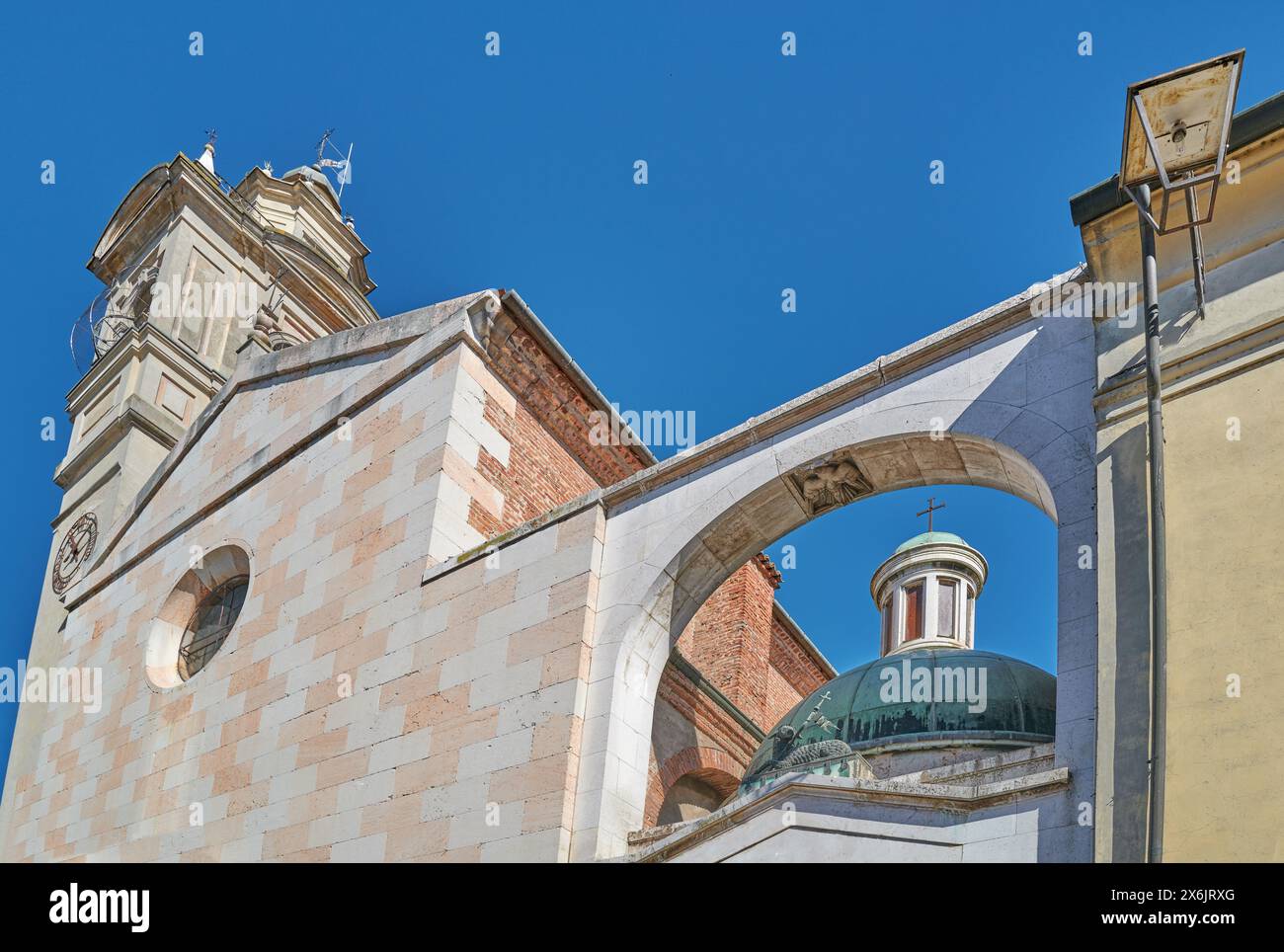 Sabbioneta, Italy, upward view of the facade and the baptistery dome of ...