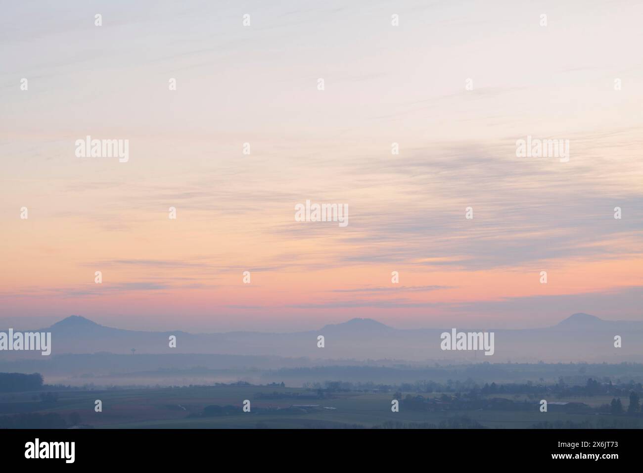 The three Kaiserberge mountains in the Swabian Alb. Sunrise with some ...