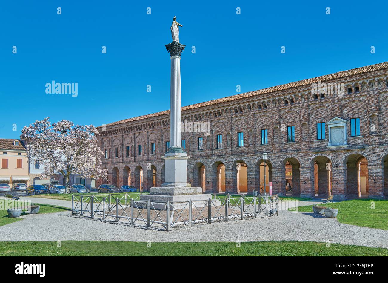 Sabbioneta, Italy, Piazza D'Armi with the marble monument of Minerva ...