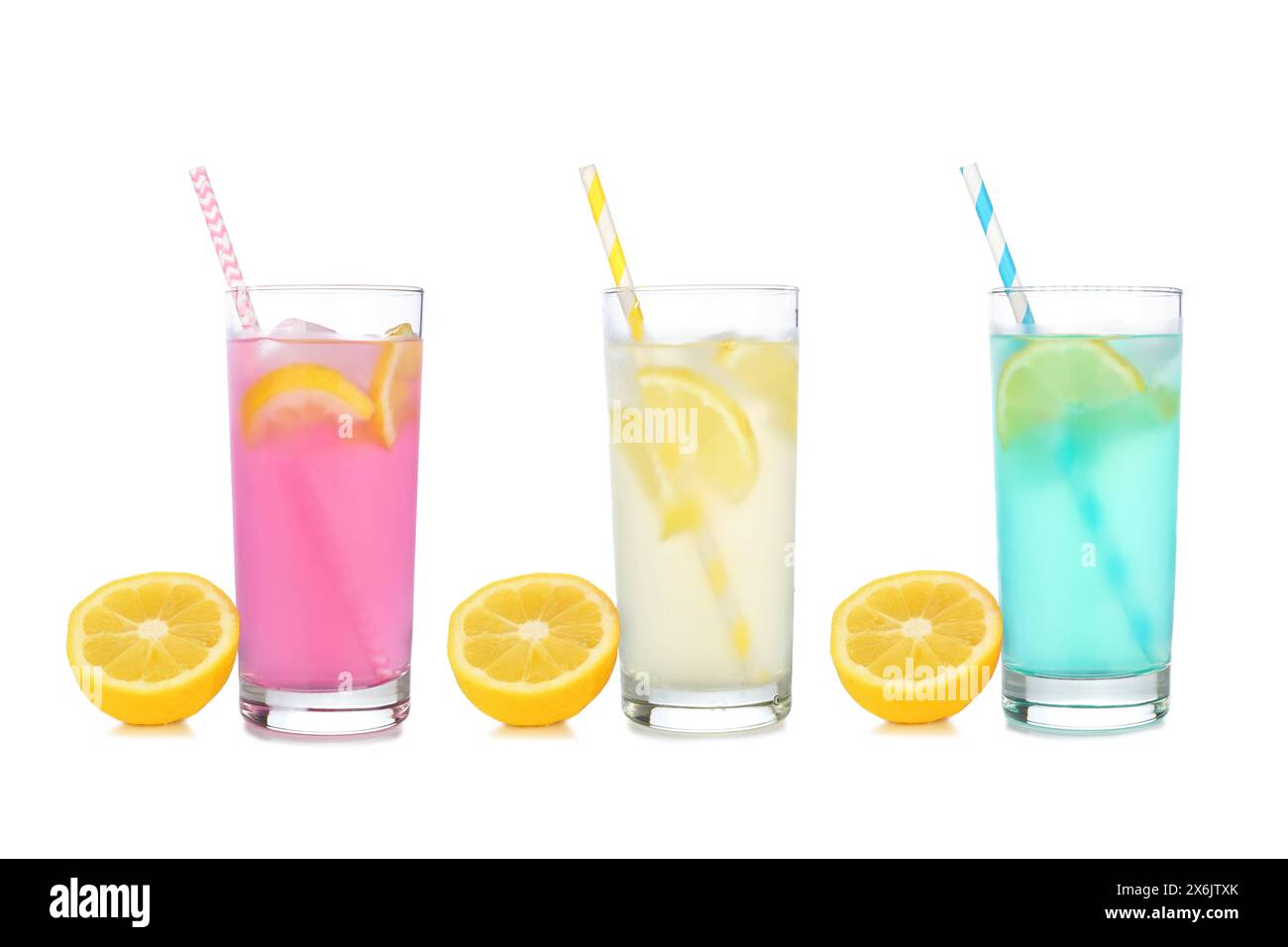 Cold, colorful summer lemonade drinks. Pink, yellow and blue colors in ...