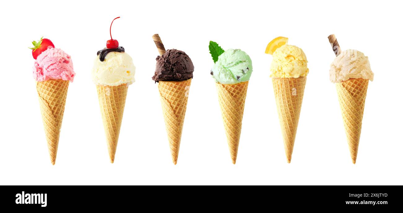 Assortment of ice cream cones. Variety of flavors isolated on a white ...