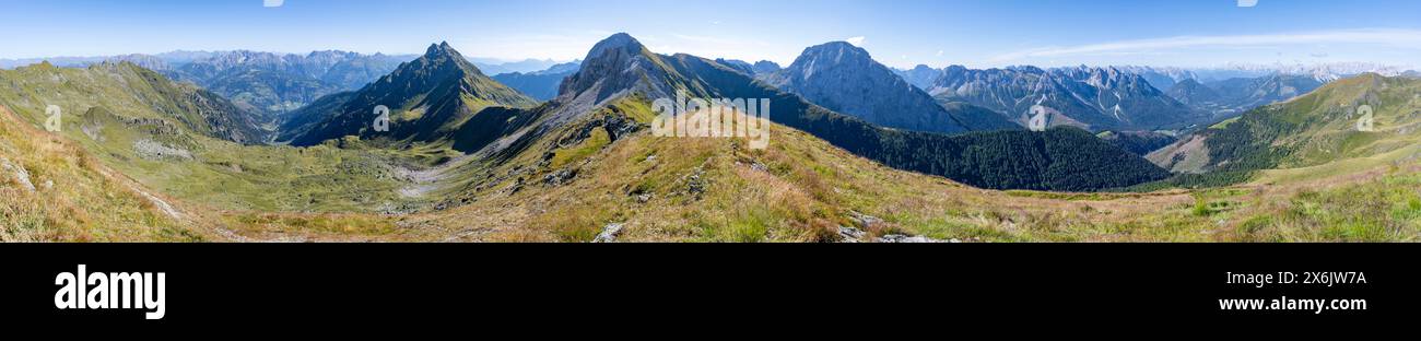Panorama, view from the Carnic main ridge with rocky mountain peaks ...
