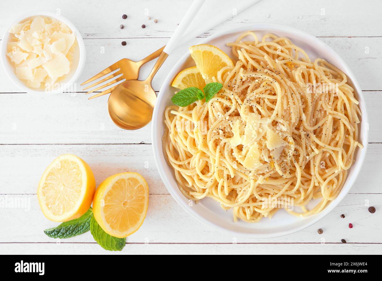 Spaghetti pasta with fresh lemon and parmesan cheese sauce. Top down ...