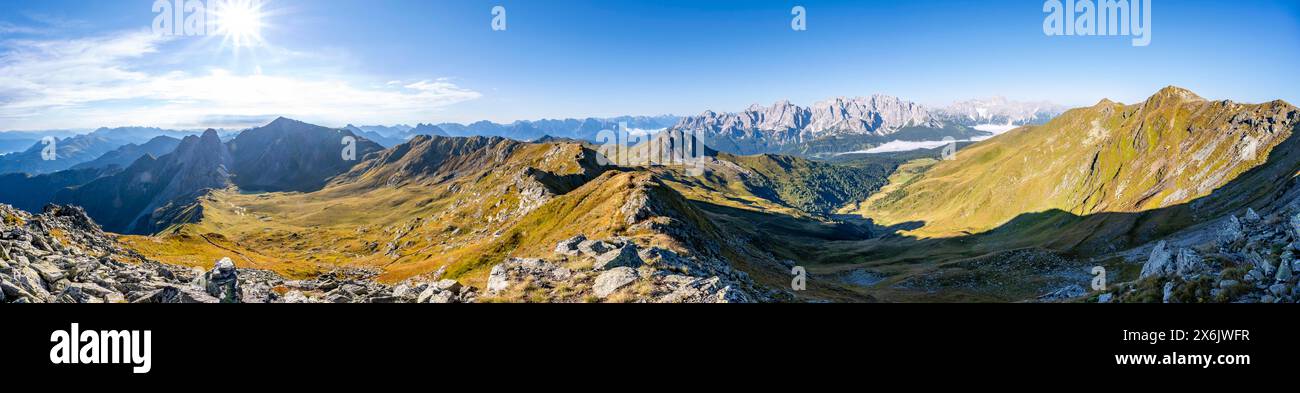 Mountain panorama, view of rocky mountain peaks of the Sesto Dolomites ...