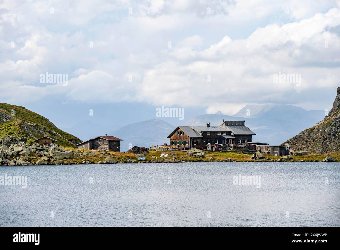 Obstanserseehuette mountain hut on the Obstansersee mountain lake ...