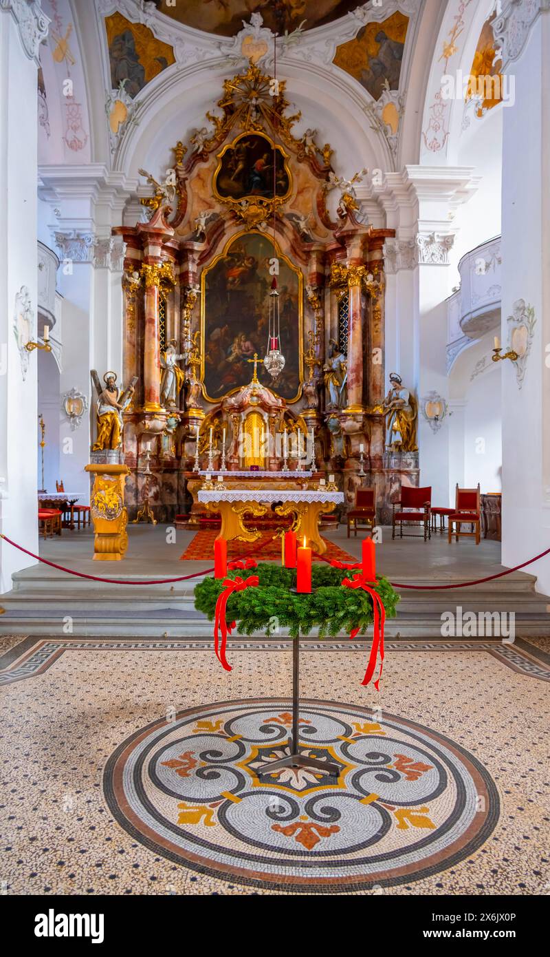Gilded baroque altar with Advent wreath, interior view of the Catholic parish church, Minster of ...