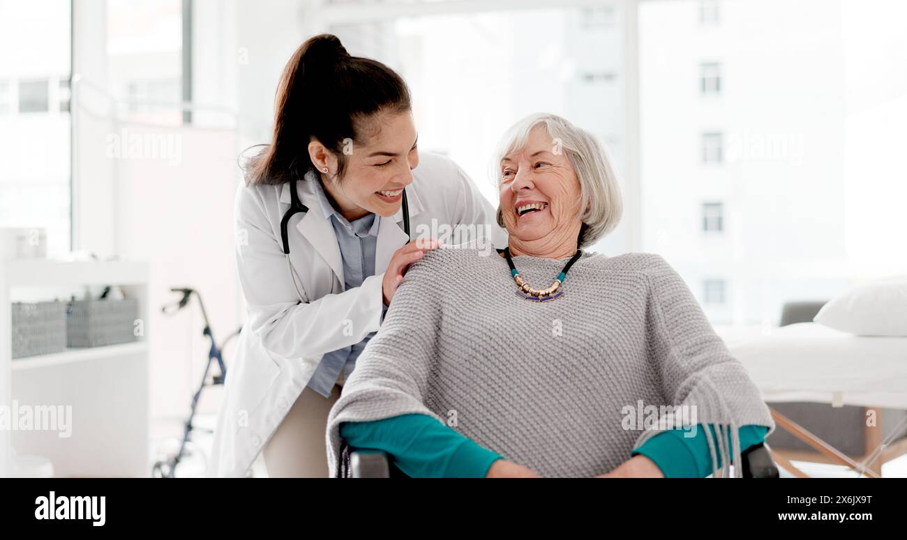 Face, laughing or doctor with senior patient in consultation for ...