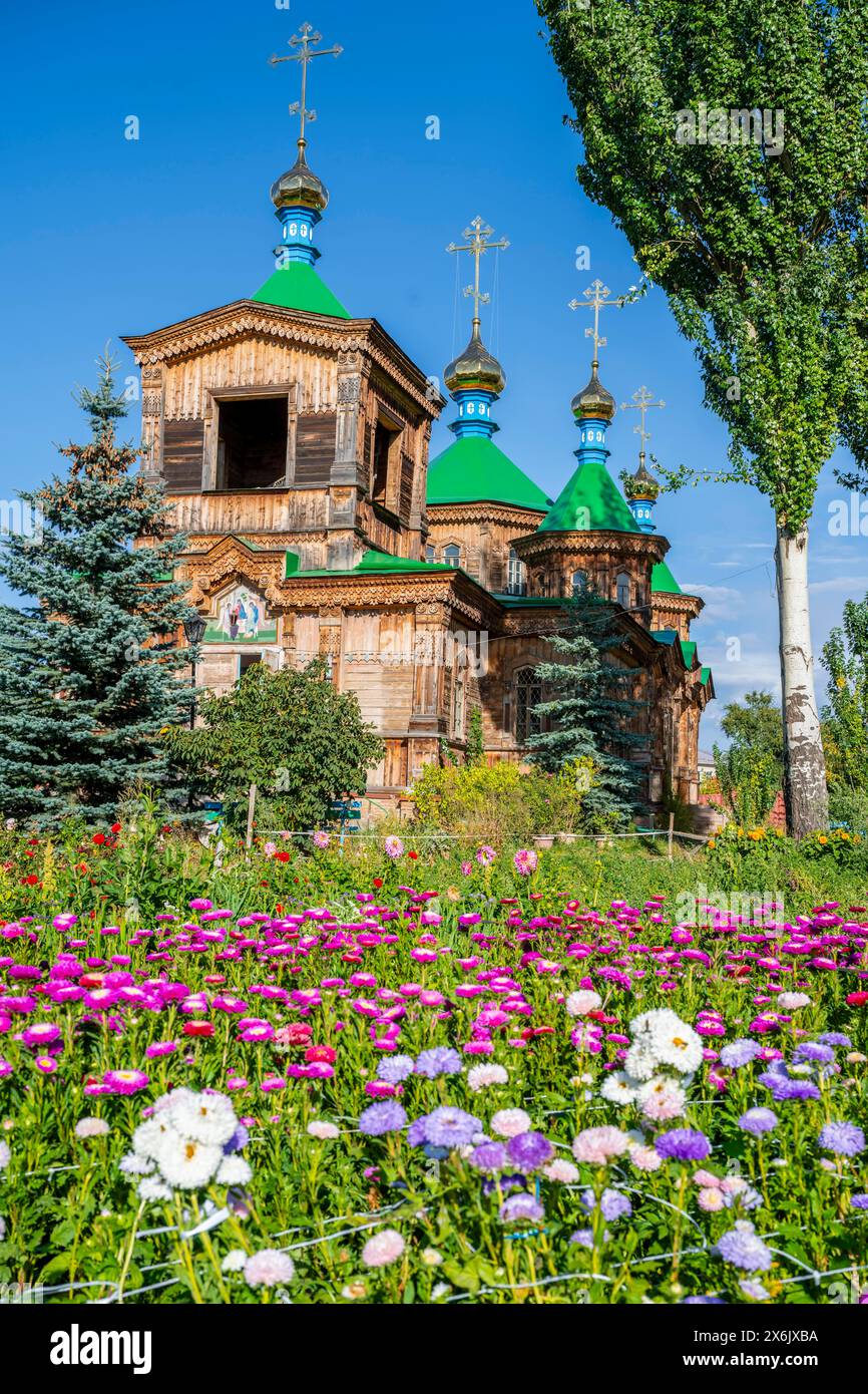 Colourful flowers in front of the Russian Orthodox Church Cathedral of ...