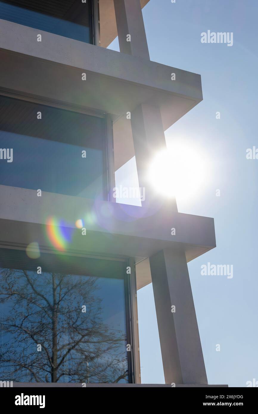 Modern Design Building with Tree Reflection and Against Clear Blue Sky ...