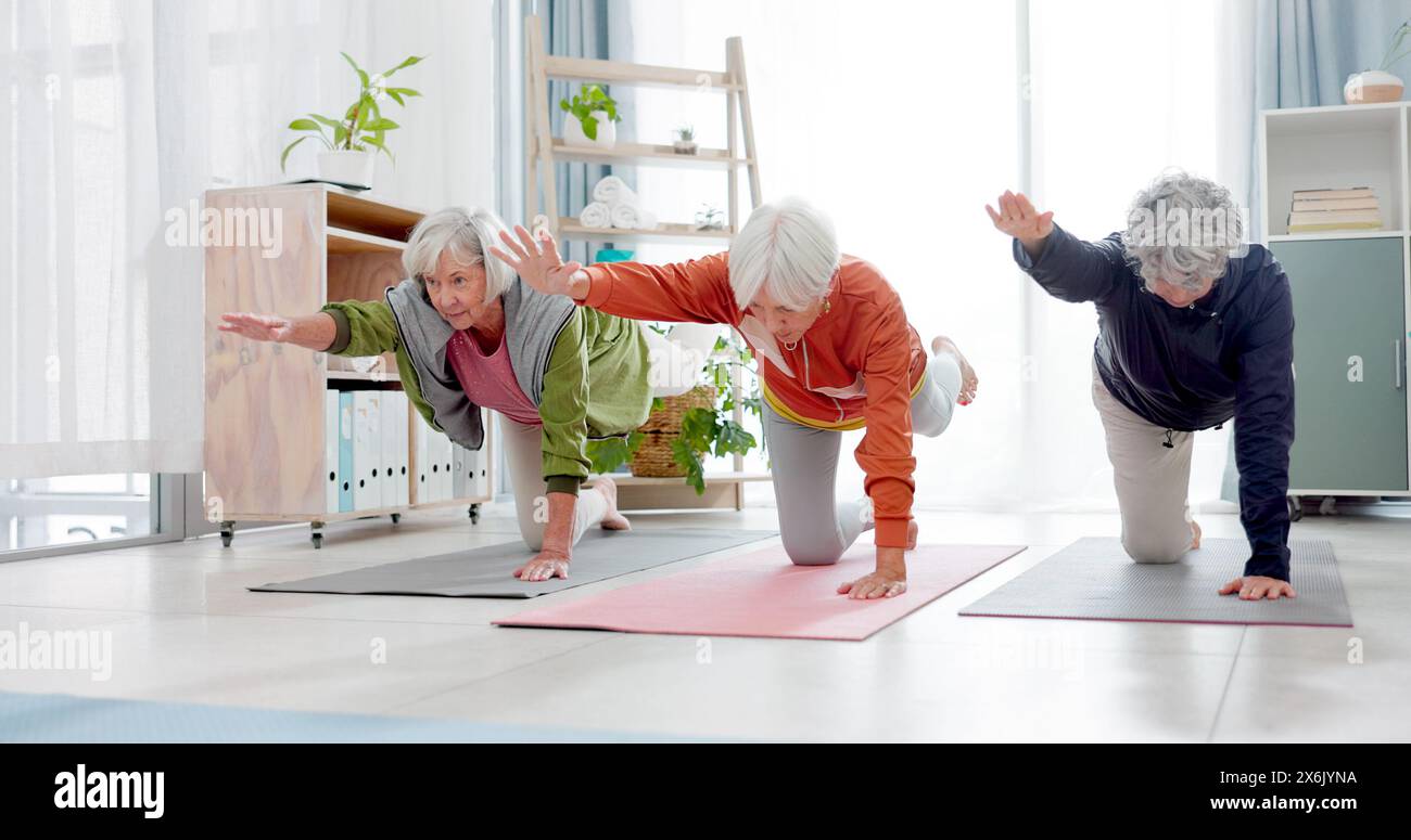 Home, yoga and elderly women stretching, fitness and retirement with ...