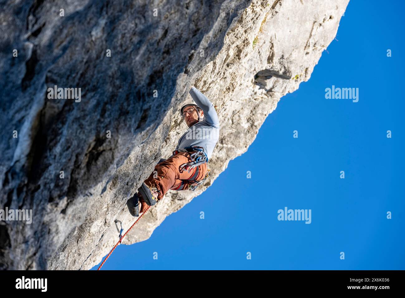 Sport climbing with rope, climber on a rock face, Frauenwasserl ...
