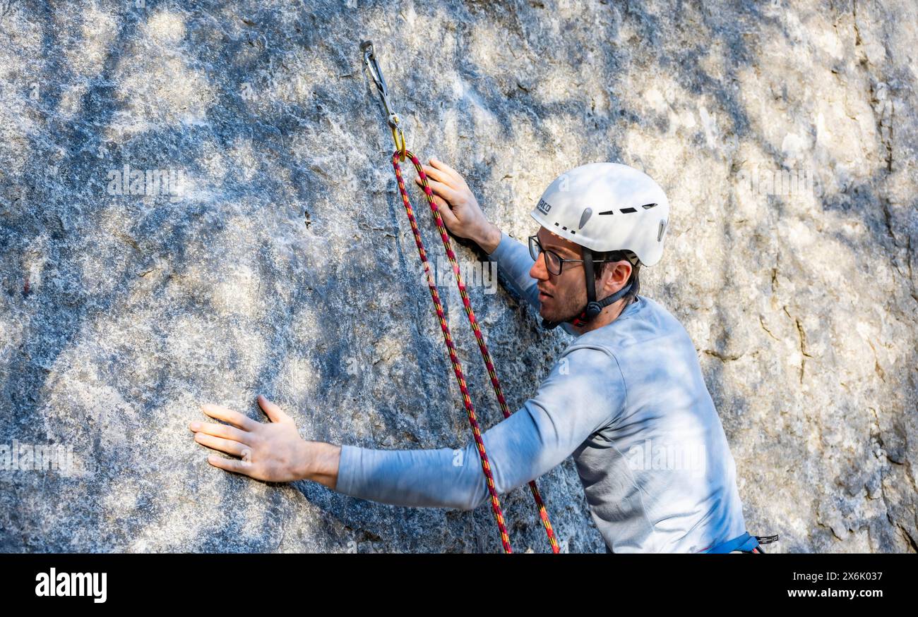 Sport climbing with rope, climber on a rock face, Frauenwasserl ...