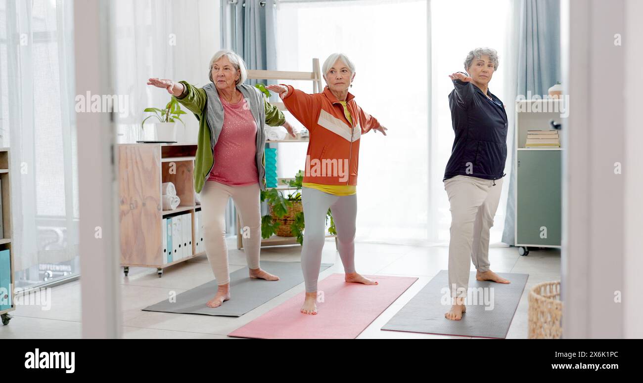 Home, yoga and elderly women stretching, fitness and retirement with ...