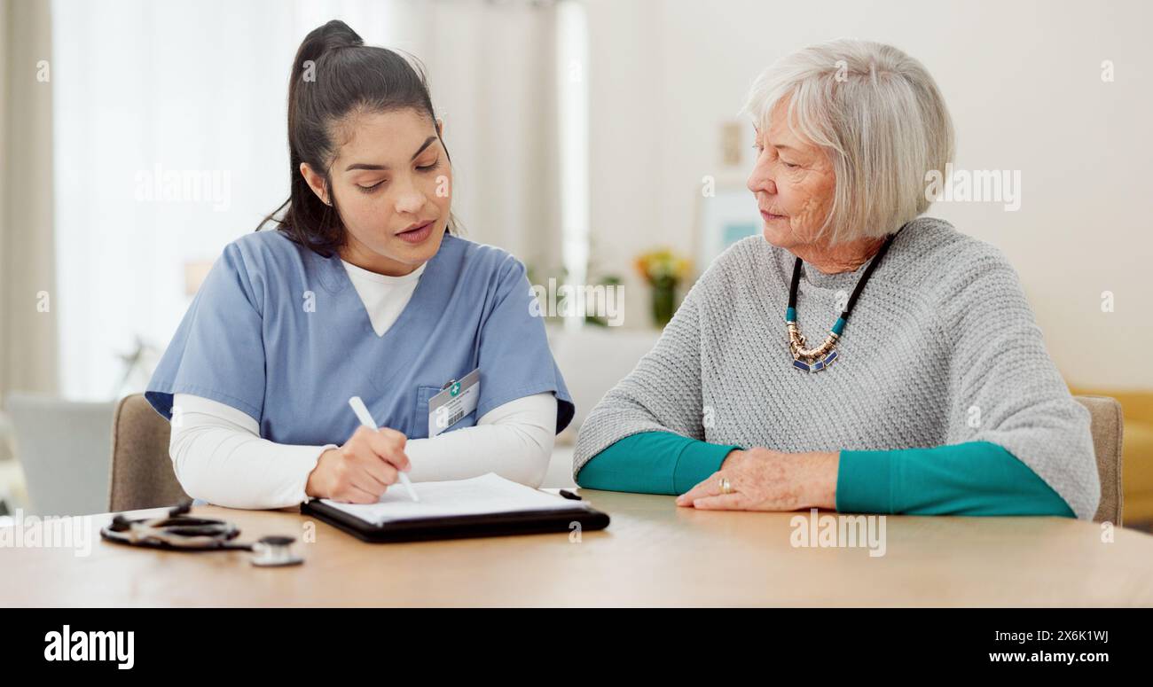 Nurse, documents and senior woman consulting, healthcare information ...