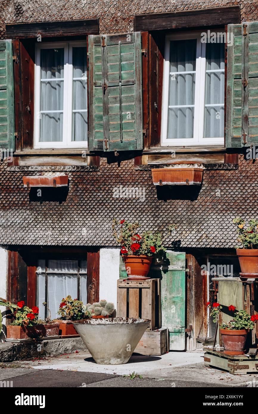 Beautiful facades of the Swiss Alpnachstad Stock Photo - Alamy