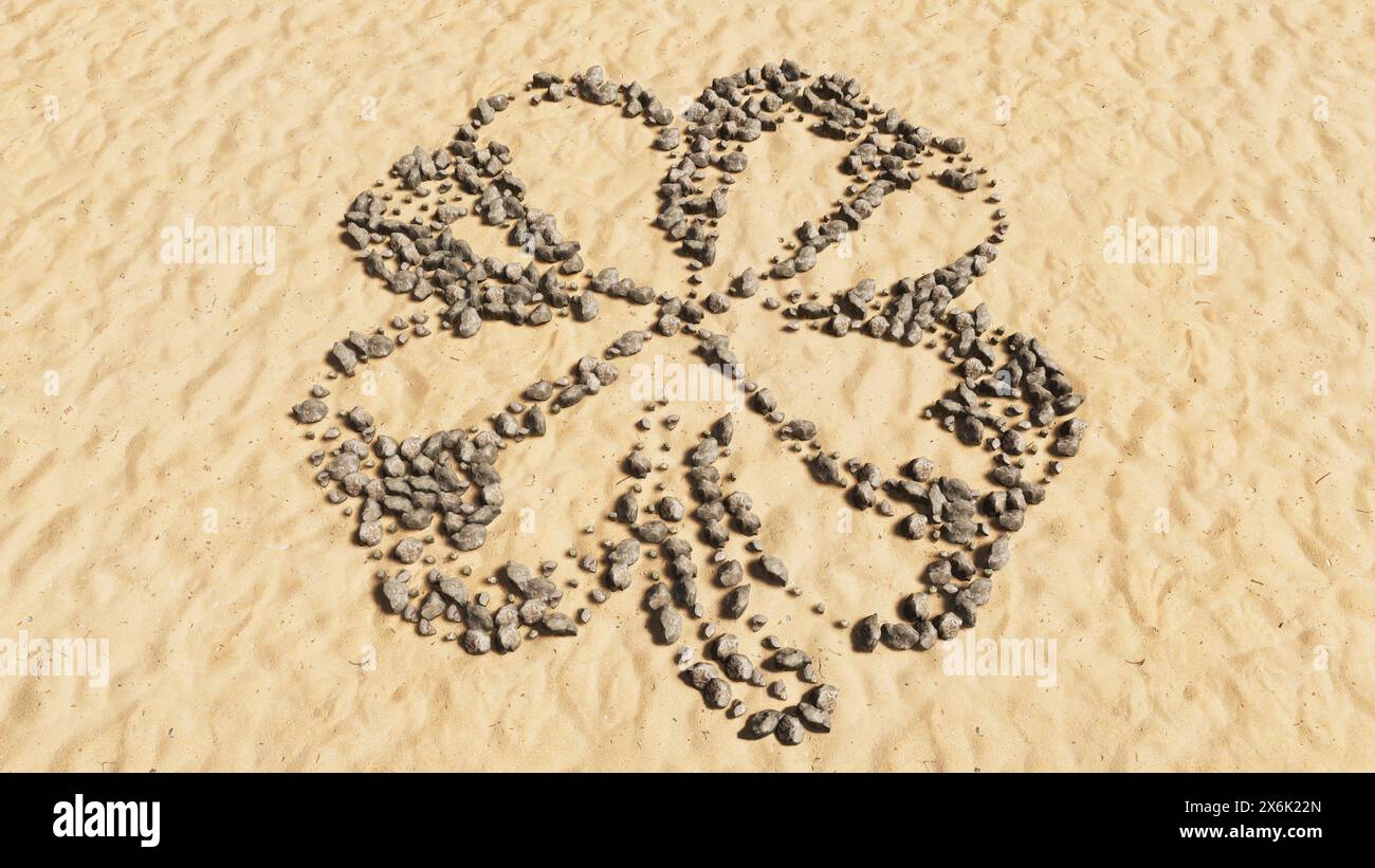 Conceptual stones on beach sand handmade symbol shape, golden sandy ...