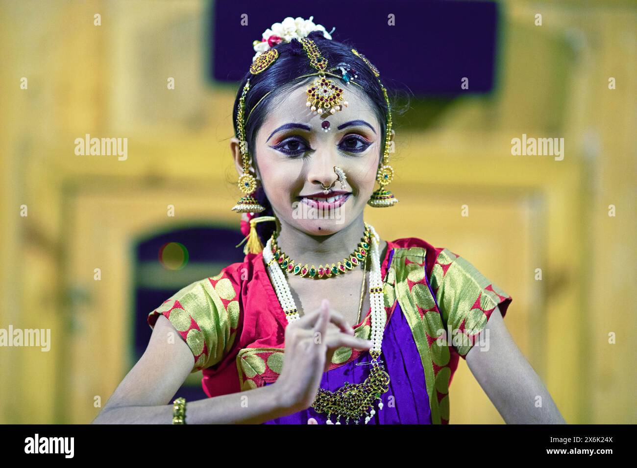 Indian dancer, 10 years old, dancing Indian classical dance, close-up ...