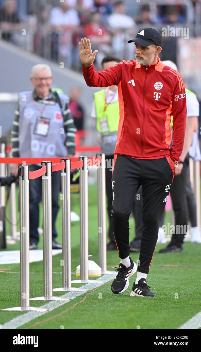 Coach Thomas Tuchel FC Bayern Munich FCB gesture waving to fans, Allianz Arena, Munich, Bavaria ...
