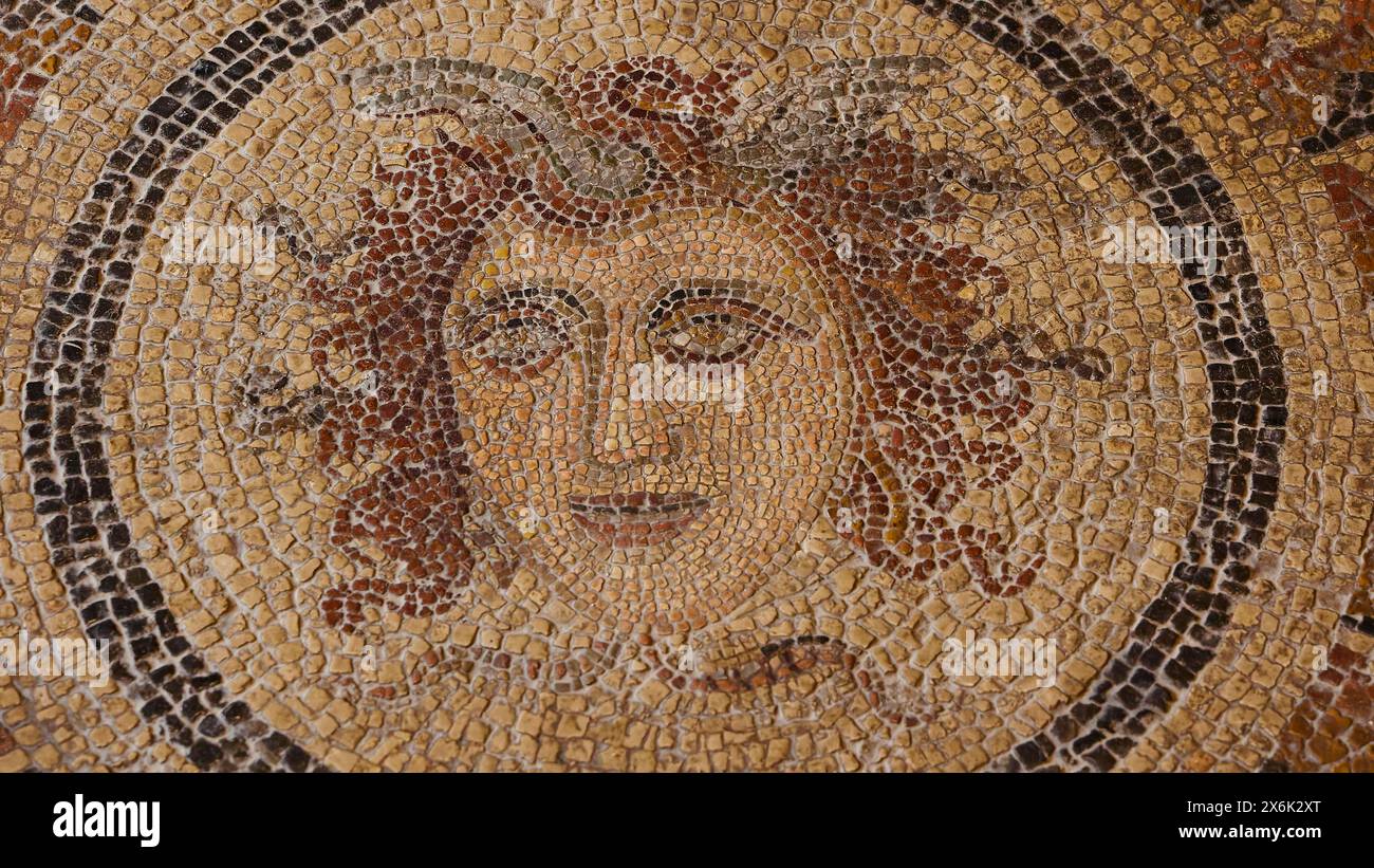 Detailed and artistic antique mosaic of a female face surrounded by ...